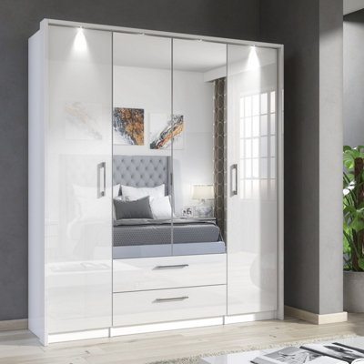 Furneo White Mirrored Wardrobe High Gloss Matt Modern 4-Door Bedroom Storage With LED Lights ...
