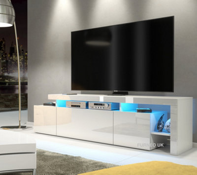 FURNEO WHITE TV STAND 186CM UNIT MATT & HIGH GLOSS INDISIO 01 BLUE LED ...