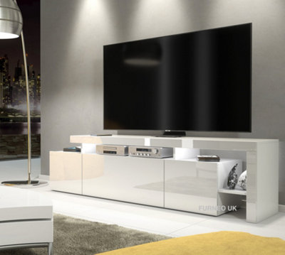 Furneo White TV Stand 186cm Unit Matt & High Gloss Indisio 01 White LED ...