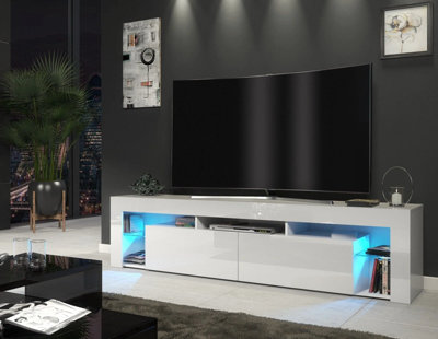 Furneo White TV Stand 200cm Cabinet Unit Matt & High Gloss Milano 06 ...