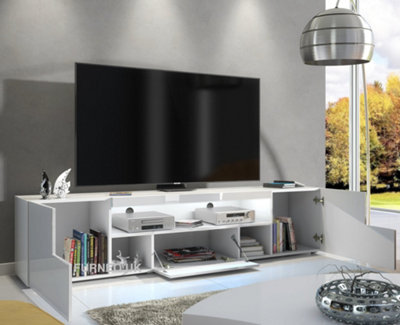 Furneo White TV Stand 200cm Unit Matt & High Gloss Clifton10 White LED ...