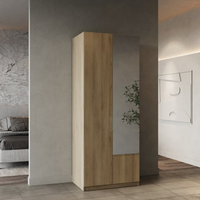 FURNICOMP Chicago Oak Effect 2 Door 80cm Narrow Compact Mirrored Wardrobe