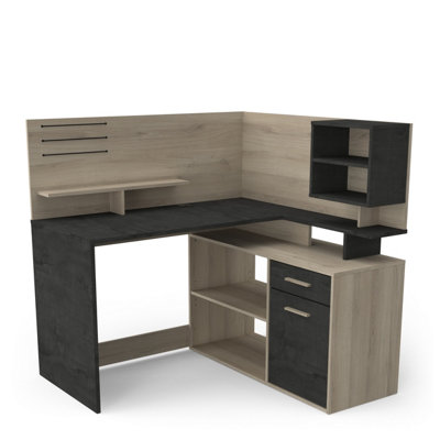 FURNICOMP Jade 1 Door 1 Drawer Black and Oak L Shaped Corner Office ...