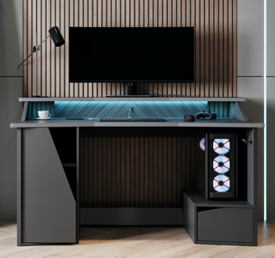 FURNICOMP Oxford 1 Door 1 Drawer Matt Black Gaming Desk With Hutch