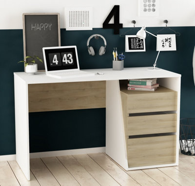 FURNICOMP Valerie 3 Drawer Matt White and Oak Office Study Desk