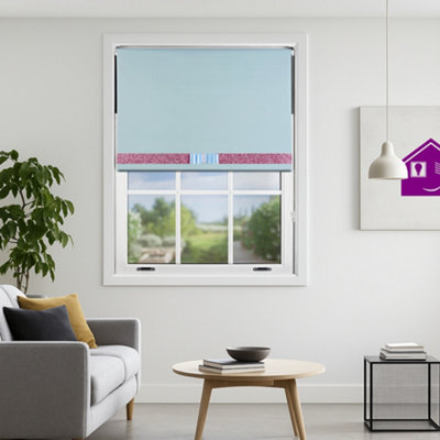 Furnished Duck Egg Blue Blackout Roller Blind with Decorative Pink Glitter & Duck Egg Bow ...