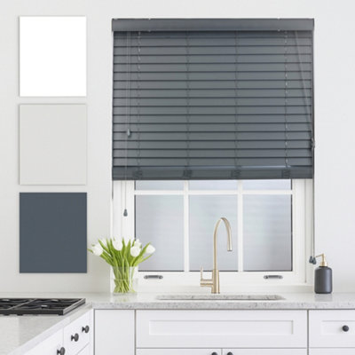 FURNISHED Faux Wood Venetian Blinds - Dark Grey 50mm Slats Trimmable ...
