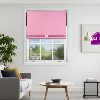 Furnished Pink Blackout Roller Blind with Decorative Pink Glitter & Fuchsia Bow - Trimmable (W ...