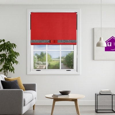 Furnished Red Blackout Roller Blind with Decorative Black Glitter & Red Bow - Trimmable (W)205cm ...