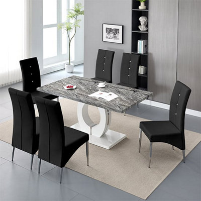 Furniture In Fashion Halo Melange Marble Effect Dining Table 6 Vesta Black Chairs