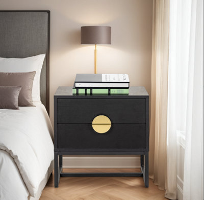 Furniture Outlet, Oslo Black 2 Drawer Bedside, With Golden Handles.