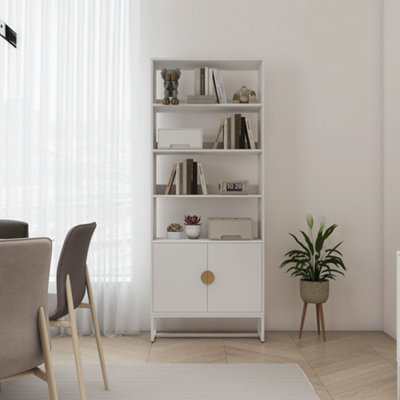 Furniture Outlet, Oslo White 2 Door Bookshelf with Golden Handles