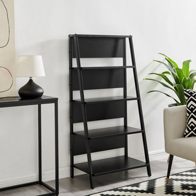 Furniturebox Addison Black Metal Ladder Shelf Unit With 5 Black Scratch Resistant Melamine Shelves Max