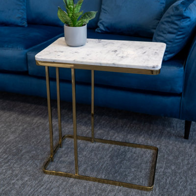 Furniturebox Alissa C Shaped Side Table in 100 Solid White Marble and Brass