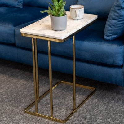 Furniturebox Alissa C Shaped Side Table in 100 Solid White Marble and Brass