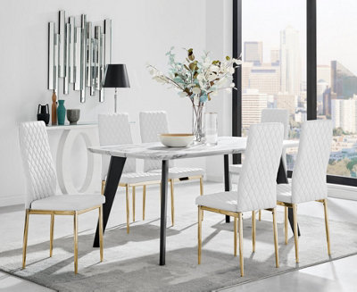 Furniturebox Andria Black Leg Marble Effect Dining Table and 6 White ...