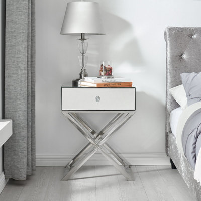 Furniturebox Celeste Single Drawer Mirrored bedside Table With Silver Chrome Cross Legs