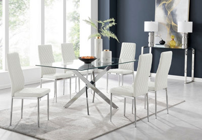 Furniturebox Leonardo 6 Seater Rectangular Glass Dining Table with Silver Metal Leg 6 White Milan Faux Leather Silver Leg Chairs