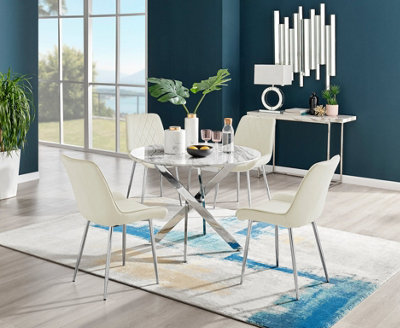 Furniturebox Novara White Marble Effect 100cm Round Dining Table with Chrome Starburst Legs 4 Cream
