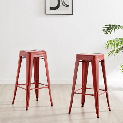 Furniturebox Set of 2 Colton 'Tolix' Style Red Metal Bar Stools