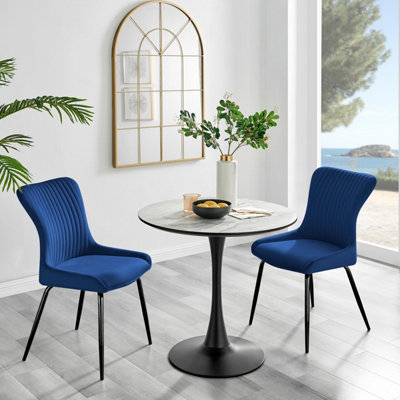 Furniturebox UK Elina White Marble Effect Round Dining Table & 2 Blue ...