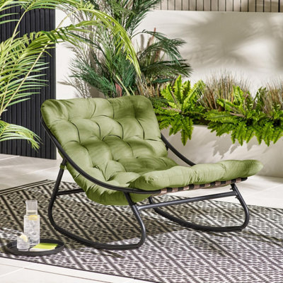 Furniturebox UK Hydra Black Metal Garden Rocking Chair with Green ...