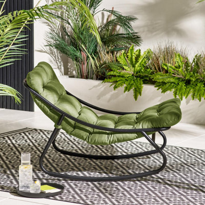 Furniturebox UK Hydra Black Metal Garden Rocking Chair with Green ...