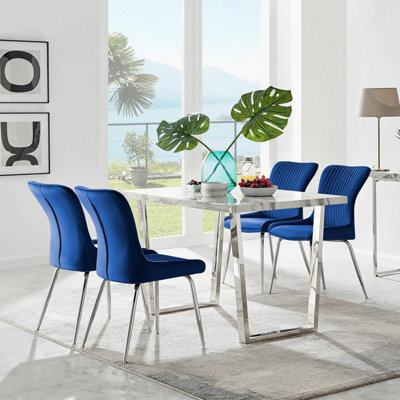 Furniturebox UK Kylo White Marble Effect Dining Table & 4 Blue Nora ...
