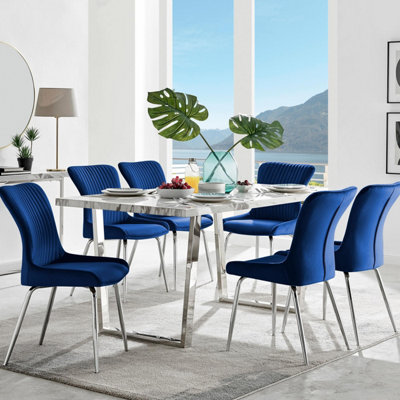 Furniturebox UK Kylo White Marble Effect Dining Table & 6 Blue Nora ...