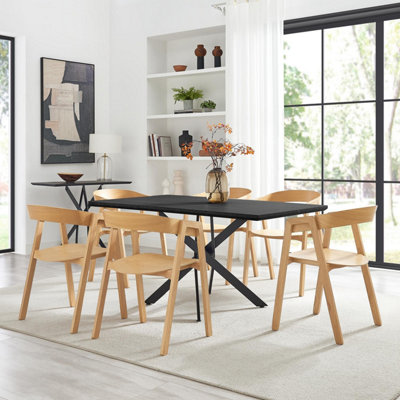 Furniturebox UK Leonardo Black Top Dining Table & 6 Oak Masa Chairs