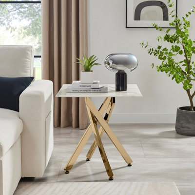 Furniturebox UK Leonardo Side Table With White Glass Marble Effect Top ...