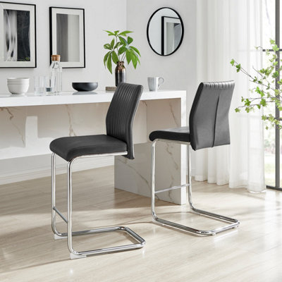 Furniturebox UK Lorenzo 2x Black Faux Leather & Silver Leg Bar Chairs