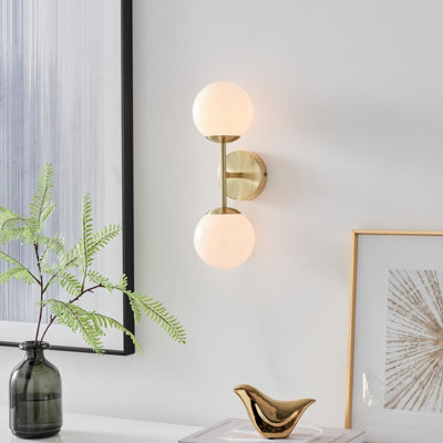 Furniturebox UK Martha Wall Light with Opal Glass Globe Shades and Brushed Brass Base | DIY at B&Q