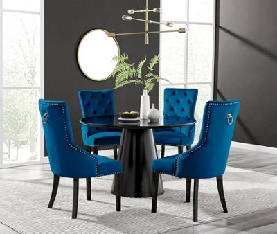Furniturebox UK Palma Black Semi Gloss Round Pedestal Dining Table 4 Blue Velvet Belgravia Black
