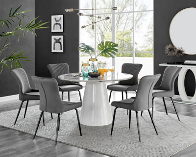 Furniturebox UK Palma White Marble Effect Round Dining Table & 6 Dark ...