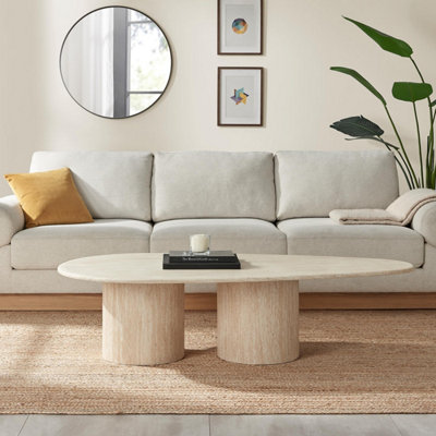 Furniturebox UK Sutton Beige Travertine Stone Veneer Oval Coffee Table