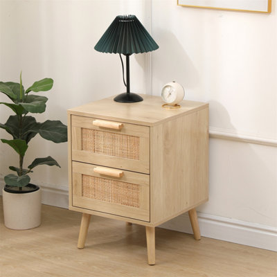 FurnitureHMD 2 Drawers Bedside Table,Nightstand with Ratten Front ...