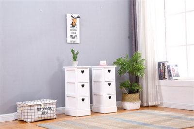 FurnitureHMD 3 Drawer Bedside Table Set of 2 White Storage Cabinet with 3 Heart shaped Drawers Side Table for Bedroom Living Room