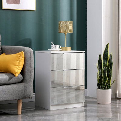 FurnitureHMD Mirror Glass 3 Drawer Bedside Table Nightstand Storage Unit Drawer Chest Bedroom Furniture