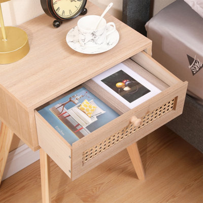 FurnitureHMD One Drawer Bedside Table Ratten Front Pine Wood Legs Wooden Bedroom Cabinet Side Table Storage