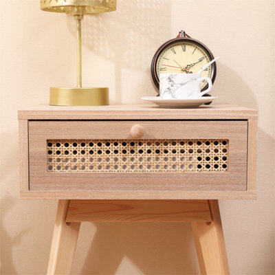 FurnitureHMD One Drawer Bedside Table,Ratten Front,Pine Wood Legs ...