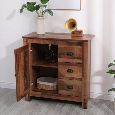 FurnitureHMD Rustic 1 Door 3 Drawer Sideboard Storage Unit Corner Cabinet Free Standing Organiser Metal Handle