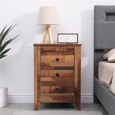 FurnitureHMD Set of 2 Bedside Tables Nightstand with 3 Drawers Rustic Style Wooden Side Table