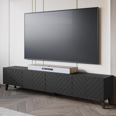 FWStyle 1.9M Black Herringbone 4 Door Large Wide TV Media Unit