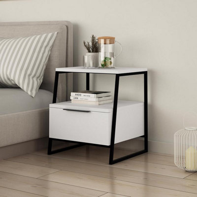 FWStyle 1 Door Bedside Table Cabinet Modern Painted White Black Metal Frame