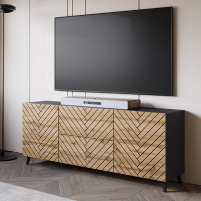 FWStyle 2 Door 2 Drawer Oak Herringbone Sideboard TV Unit