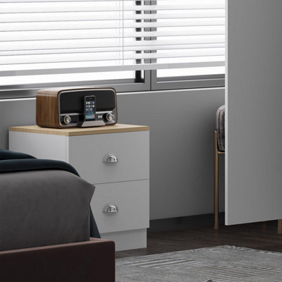 FWStyle 2 Drawer Bedside Chest Nightstand Table Matt White Oak Top