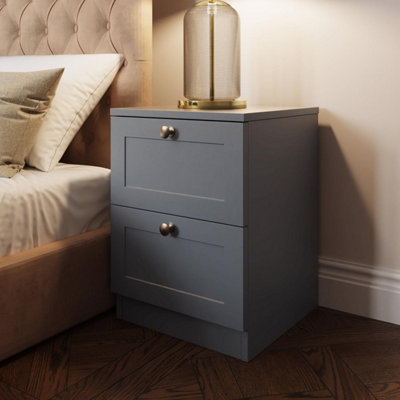FWStyle 2 Drawer Bedside Chest Table Panelled Dark Grey