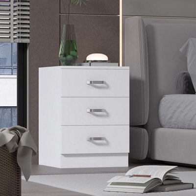 FWStyle 3 Drawer Bedside Chest White Table Deep Storage Nightstand