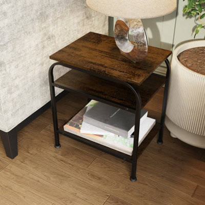 FWStyle 3 Tier Walnut Effect Side Table Black Metal Frame